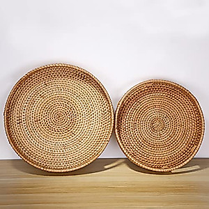 Hipiwe Rattan Serving Tray with Handles Handmade Woven Basket Tray Home Decorative Organizer Tray, Breakfast, Tea, Snack, Fruit, Coffee Storage Tray, Set of 2 (Round)