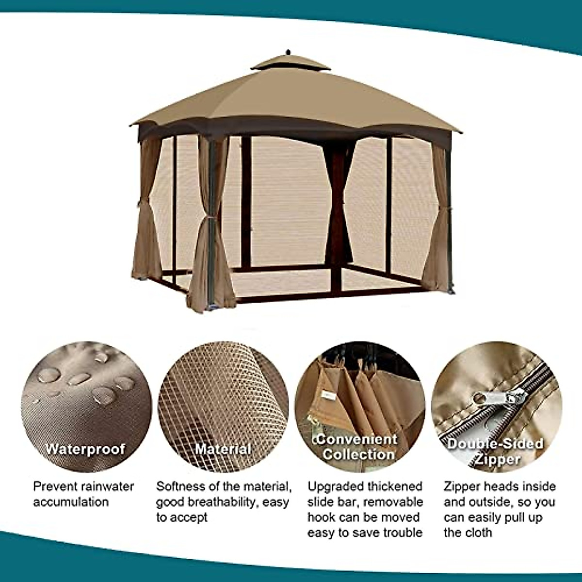 Gazebo Universal Replacement Mosquito Netting - Wonwon Outdoor Gazebo Canopy 4-Panel Screen Walls with Zipper for 10' x 10' Gazebo (Mosquito Net Only) (Brown)