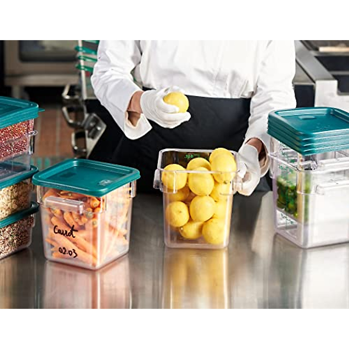 CURTA 4 Pack Food Storage Container with Green Lid - NSF Commercial Grade in 4.0 Qt - Square, Clear, Polycarbonate