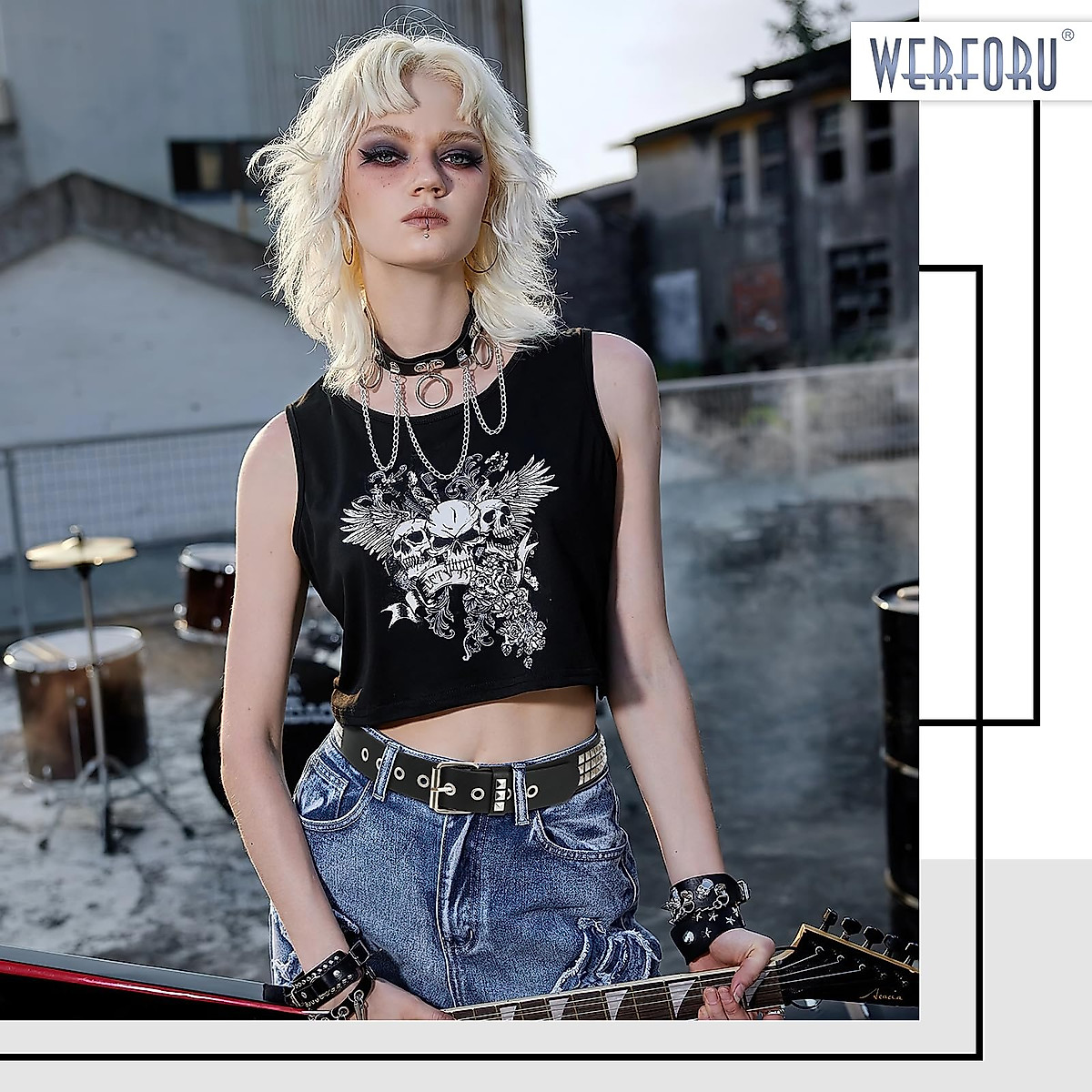 WERFORU Black Studded Belt, Punk Rock Rivet Belt for Women Men Gothic Belt for Jeans