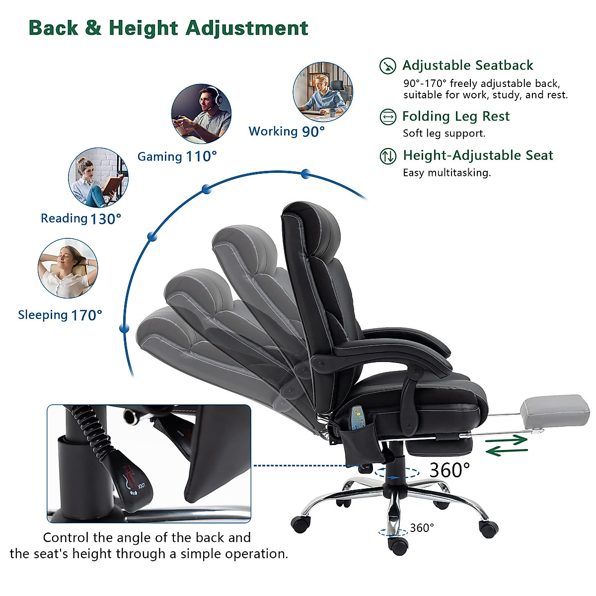 Duoku Massage Office Chair Big and Tall Desk Chairs with Wheels 350lb Comfortable Lumbar Support Computer Chair Ergonomic Executive High Back PU Leather Work Chair for Adults Women, Black