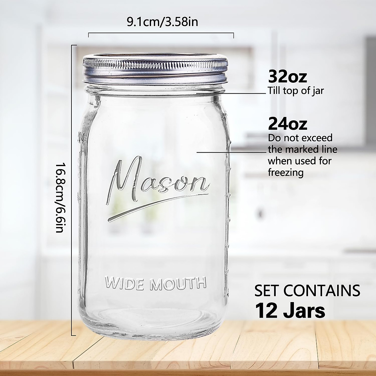 Galssmagic Mason Jars 32 oz,12 Pack Quart Wide Mouth Mason Jar With Airtight Lids,Glass Canning Jars for Fermenting, Pickling,Meal Prep,Overnight Oats & Centerpieces