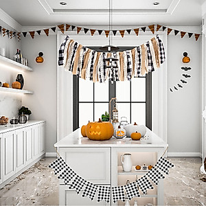 Whaline 2Pcs Christmas Buffalo Check Plaid Banner White Black Tassel Garland Lace Burlap Banner Rag Tie Banner Plaid Bunting Garland for Wedding Birthday Mantel Fireplace Wall Party Decoration