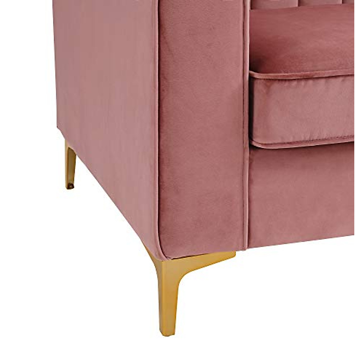 Iconic Home Brasilia Modular Chaise Sectional Sofa Velvet Upholstered Vertical Channel Quilted Seat Back Solid Gold Tone Metal Y-Legs with 2 Throw Pillows Modern Contemporary, Blush