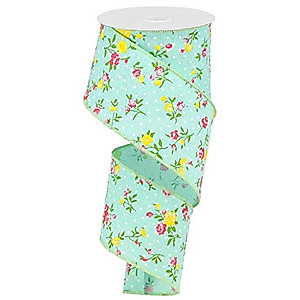 Vintage Mint Green Floral Ribbon 10 Yards x 2.5 inch | Wired Edge | Old Fashioned Ribbon