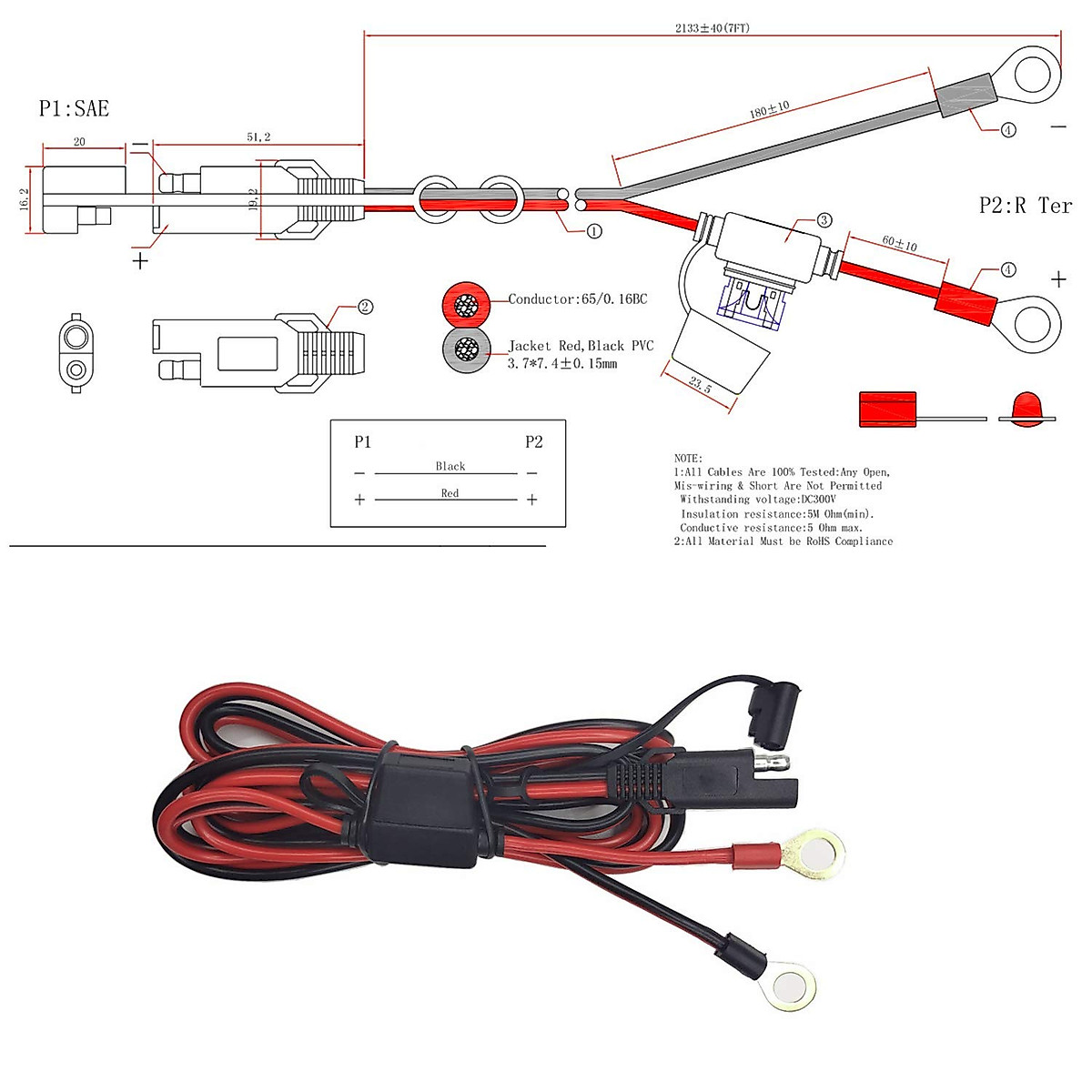 Ovitar O Ring Terminal SAE Cable - 12V-24V Quick Disconnect Extension Cable 2 Pin DC Connection Cord Plug for Camp Trailer Solar Panels Battery