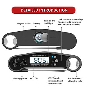 LPONJAR Digital Meat Thermometer, Instant Read Food Thermometer for Grilling, BBQ, Cooking, Baking, Liquids - Foldable Probe, Bottle Opener, IP67 Waterproof, Backlight, Magnet, and Calibration