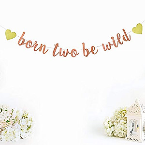 Rose Gold Glitter Born Two Be Wild Banner for Two Years Old, 2nd Happy Birthday, Baby Shower Party Decorations