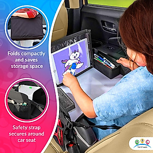 AMZ Supply Kids Travel Tray, 6 Compartments, Tablet Stand. Folding Travel Tray for Kids Car Seat. Compact Car Seat Tray for Kids Travel. Travel Table for Kids in Car. Toddler Travel Tray for Car Seat