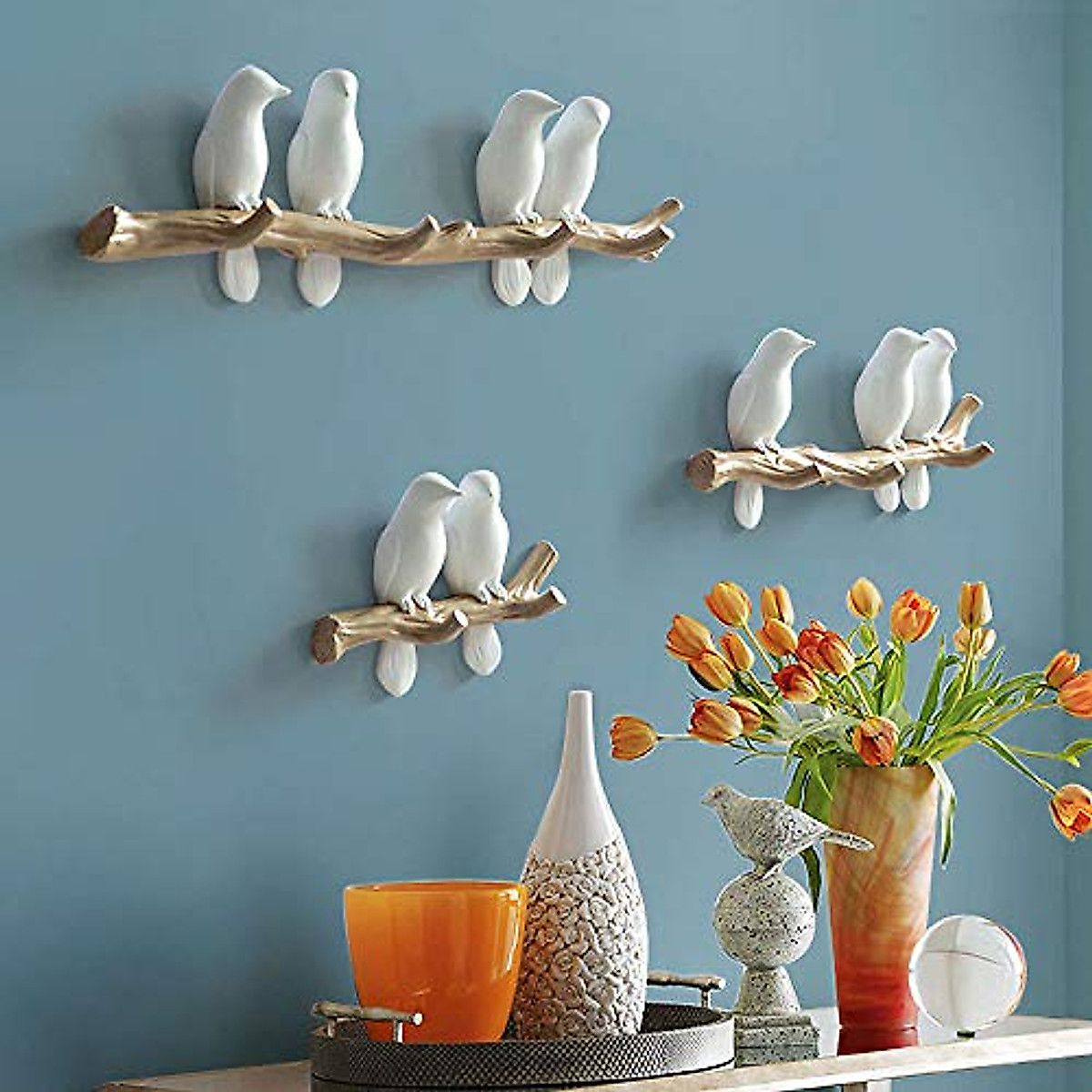 Sahobbiehop Hooks Wall Mounted White Stick, 4 Birds Hooks, 3 Birds Hooks, 2 Birds Hooks, Space Saving Hanger for Wall, Hooks to Hangs Bags,Coats,Scarves (White 4birds Hooks)…