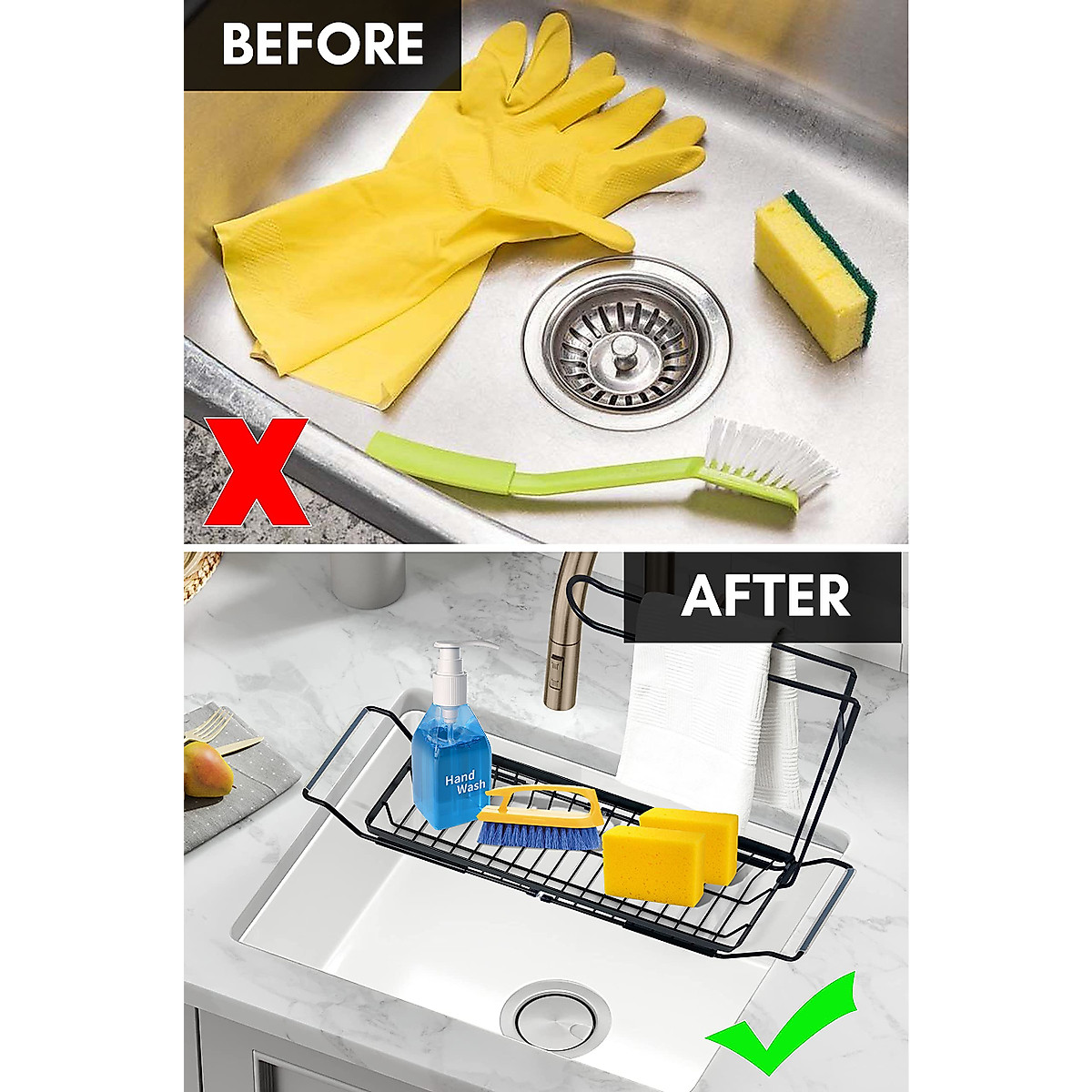 MK3 roll up Dish Drying Rack for Kitchen Counter , with Sponge Holder for Kitchen Sink Caddy Organizer Telescopic Storage Black