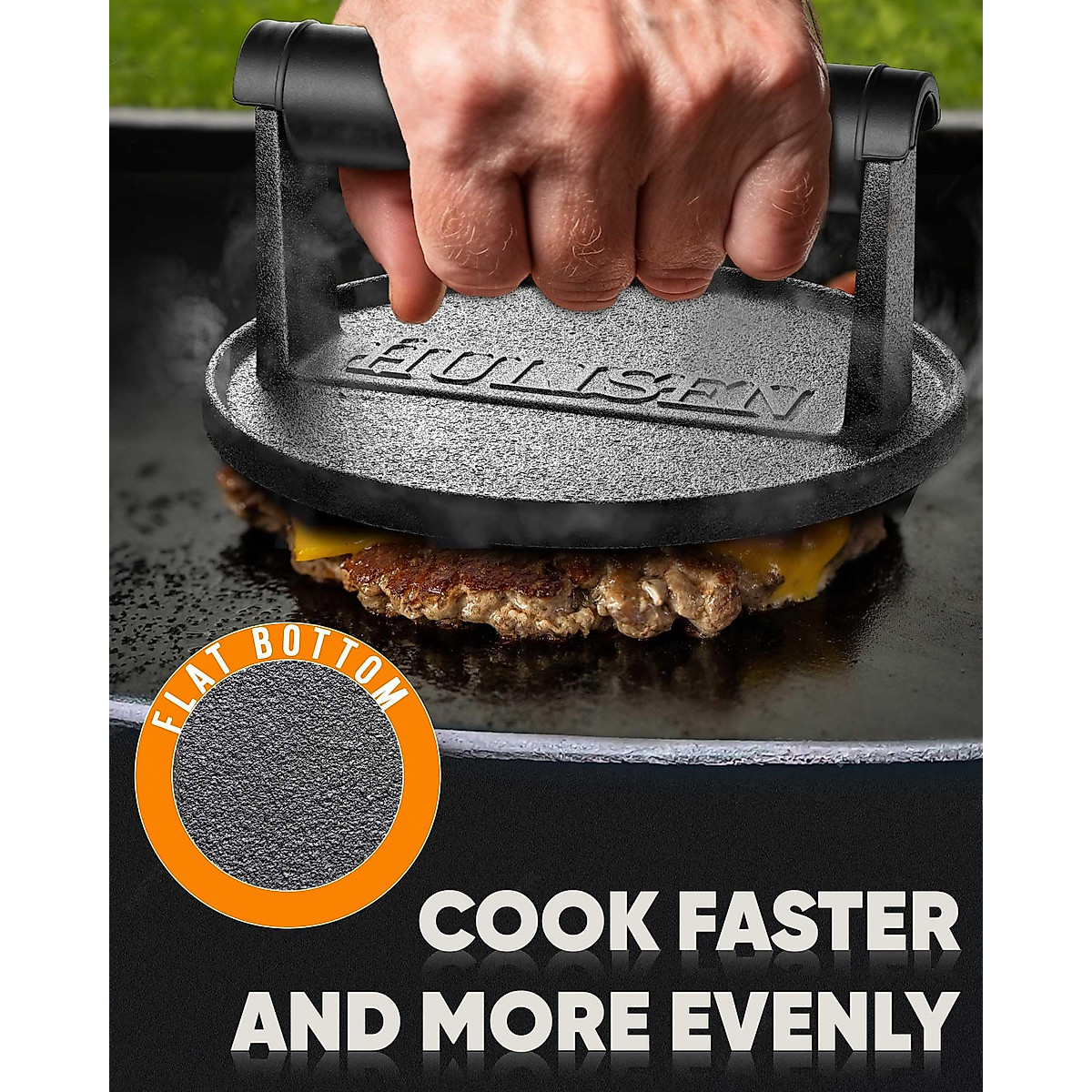 HULISEN Pre-Seasoned Cast Iron Burger Press, Heavy Duty 6” Burger Smasher for Griddle with Heat Resistant Handle, Grill Press for Hamburger, Bacon, Meat, Steak, Patty, Barbecue Grilling Tool, 2.3lb