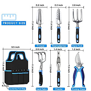 Garden Tool Set, Gardening Gifts for Women & Men，WANCHI 7 Pcs Heavy Duty Aluminum Rustproof Gardening Hand Tools，Blue Gardening Kit (Garden Tote Shovel Hand Rake Fork Weeder Pruner Transplanter)