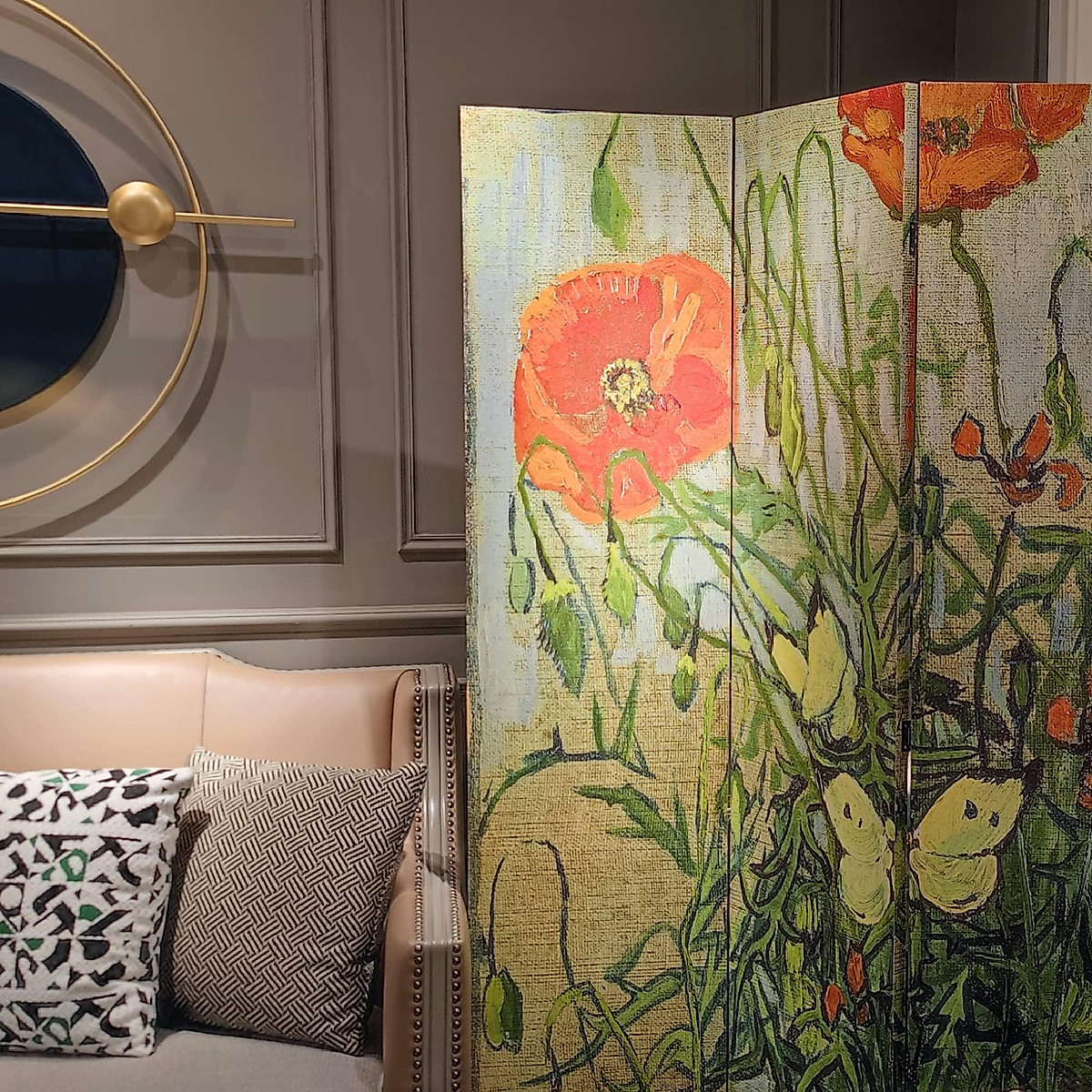 HOZUSO Room Divider Wood Privacy Screens Van Gogh's Butterflies and Poppies Painting Canvas 3-Panel Foldable Portable Separating Divider Room Partitions Freestanding Home Decor 71'' High