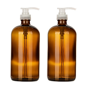 kitchentoolz 32 Ounce Large Amber Glass Boston Round Bottles w/Natural Color Pumps. Great for Lotions, Soaps, Laundry Detergent and Essential Oils - Food Safe and Medical Grade (Pack of 2)