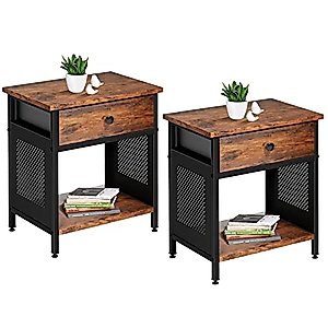 RUNTOP Nightstands Set of 2, Industrial End Table, Side Table with Drawer and Storage Shelf, Night Stands for Bedroom, Living Room, Bedside,Wood Metal Furniture, Easy Assembly, 2 Pack, Rustic Brown
