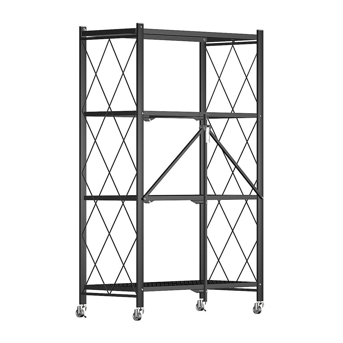 NEWWARE Storage Shelves 4-Tier Foldable, Metal Organizer and Storage Rack for Bathroom Kitchen, Display Storage Shelf with Wheels, No Assembly Shelving Unit for Pantry and Garage 4 Hooks, Black