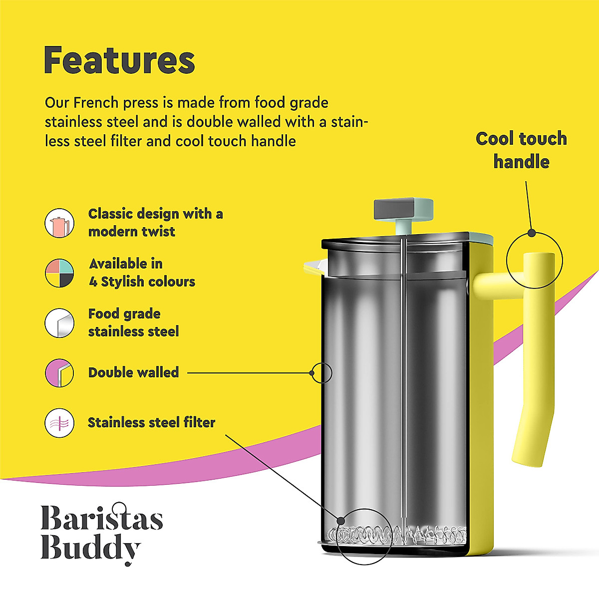 BaristasBuddy Yellow French Press Coffee Maker - Colorful, Retro And Stylish Insulated Coffee Brewer - Large Size Brews 4 Cups