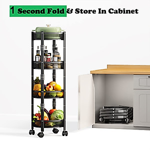 Collapsible Rolling Cart, 4-Tier Metal Storage Utility Cart for Kitchen Home Office Outdoor, Black