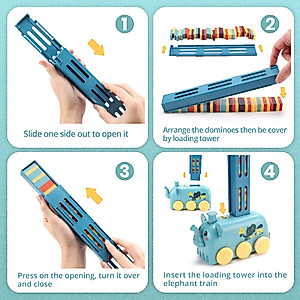 O WOWZON 3 in 1 Automatic Domino Train Toy-140 PCS Building and Stacking Electric Running Toys Light & Sound Trains, Colorful Fun Stickers and Chess Game,Storage Bag,Gift for Boys Girls kids