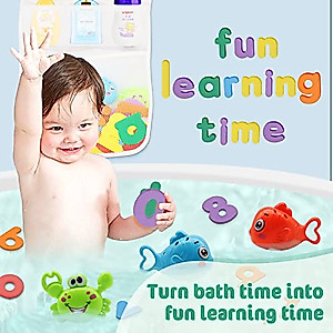 ZEAGUS Bath Toys Set for Toddlers 1-3, Bath Toy Storage Bag Hooks,Baby Bathtub Toys with 36 Letters and Numbers,Shower Toys Bath Time with 3 Fishing Toys and Water Gun Floating for Baby Pool Toys