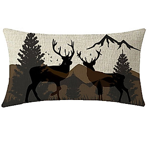 ITFRO Hand-Painted Oil Painting Rustic Forest Wildlife Deer Pine Tree Waist Lumbar Cotton Linen Throw Pillow Case Cushion Cover Long Oblong 12x20 inches (Brown)