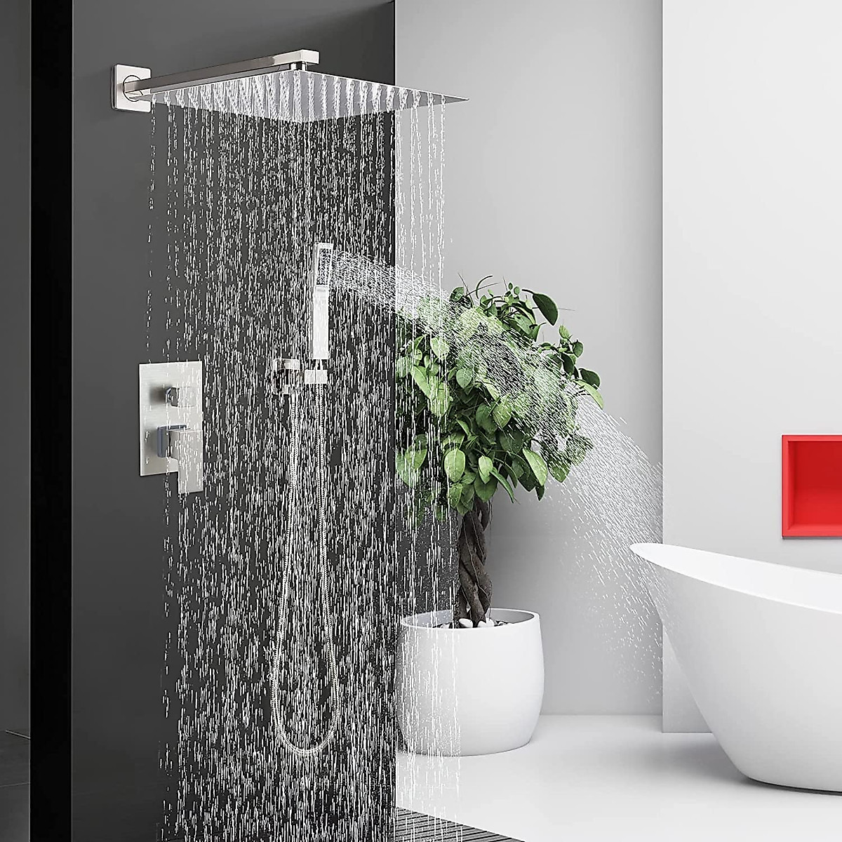 Ackwave Shower Faucet Set Brushed Nickel Shower System with 12 Inches Rain Shower Head and Handheld Sprayer Wall Mounted Shower Fixture Set with Brass Shower Valve