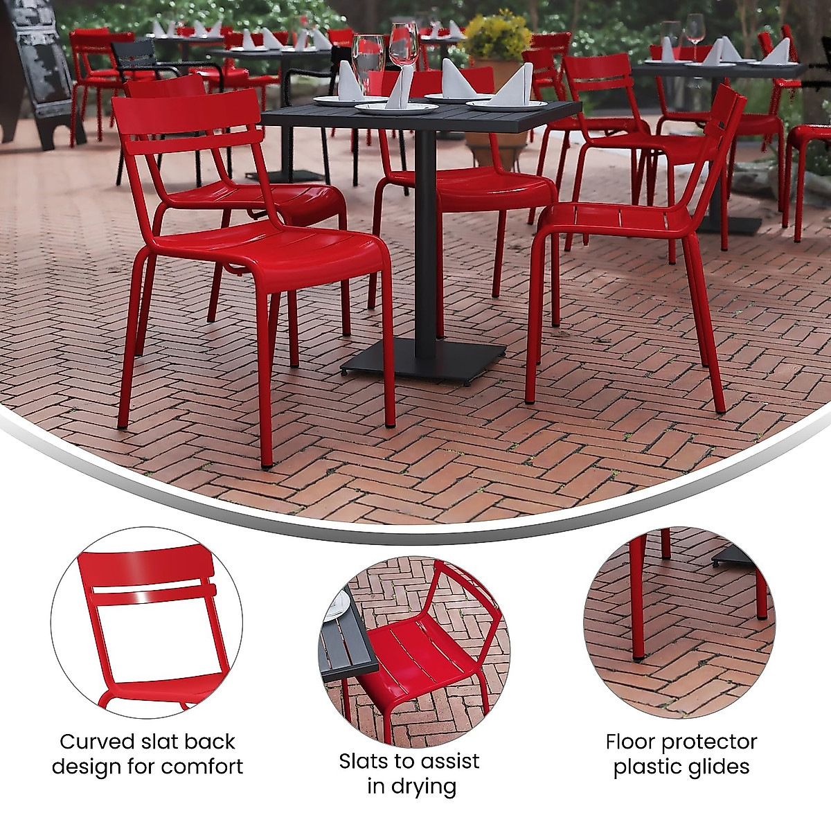 Flash Furniture Nash Commercial Grade Steel Stack Chair, Indoor-Outdoor Armless Chair with 2 Slat Back, Set of 4, Red