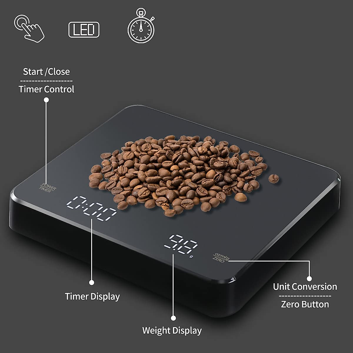Coffee Scale with Timer, Rechargeable Espresso Coffee Scale, 3kg/0.1g High Precision Digital Coffee Scale, Kitchen Food Scale with Invisible Screen, Measures in g/oz/ml (Black)