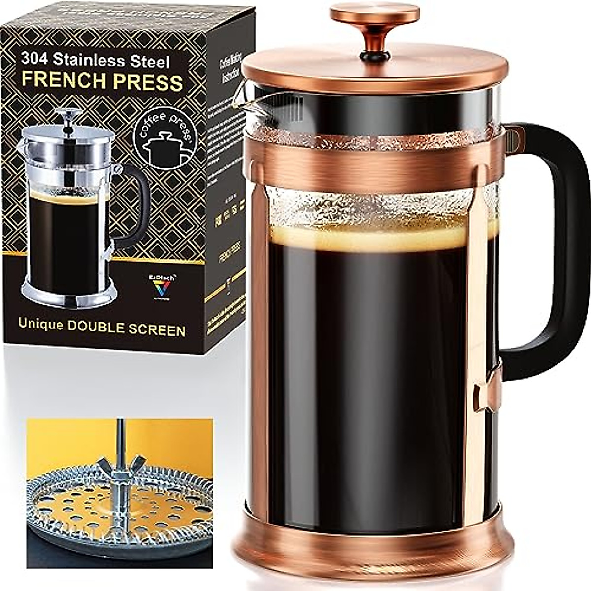 coffee press French Press Coffee Maker with 2 Extra Screens, 34oz, French Press Stainless Steel 304 Grade, Easy Disassemble Design Double Filter, Thick Heat Resistant Glass Pot (Copper)