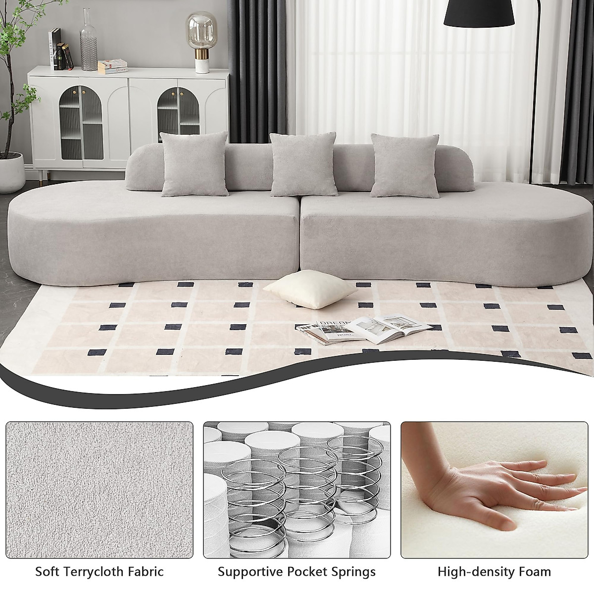 CALABASH 130.5" Oversized Curved Sofa, Modern Curved Sectional Sofa with 3 Pillows, Modular Deep Seat Terrycloth Fabric Sofa Couch for Living Room Furniture (Grey)