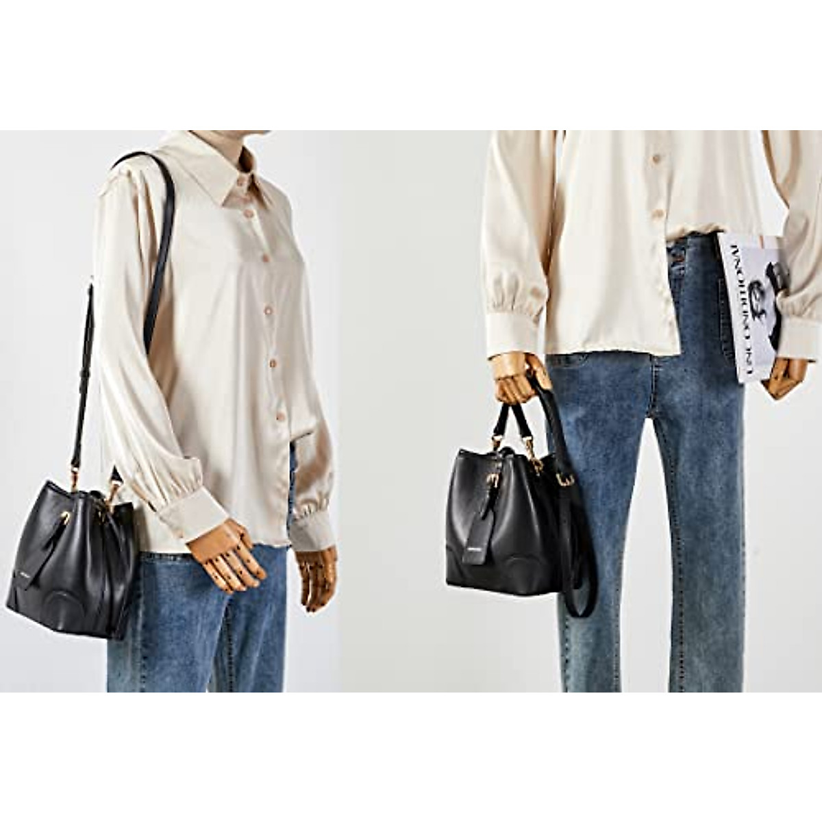 DORIS&JACKY Leather Drawstring Shoulder Bag Small 2 Way Bucket Crossbody Purse For Women (1-Black)