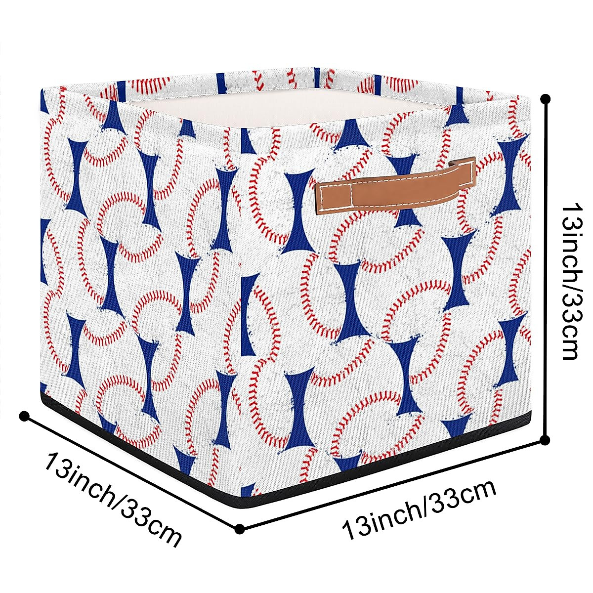 KOBLEN Sports Baseball Ball Square Storage Basket Collapsible Storage Box Clothes Basket 13x13 Inch Large Cube Storage Bin With PU Leather Handle for Home Office Closet Shelves