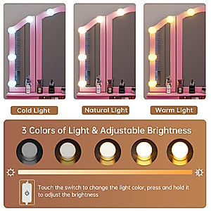 Tiptiper Vanity Desk with Tri-Fold Mirror and Lights, Makeup Vanity with Wood Upholstered Stool, Vanity Table with 5 Drawers & 8 Jewelry Hooks, Small Vanity, Pink