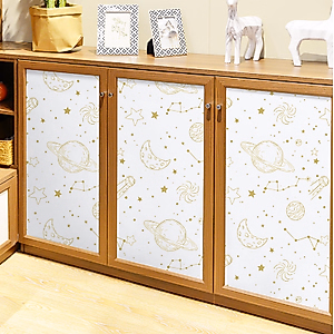 Feisoon Gold Star Wallpaper White Peel and Stick Wallpaper Kid's Bedroom Wallpaper White Moon Wallpaper 16.14"x78.7" Waterproof Contact Paper Self Adhesive Wallpaper Removable Contact Paper Vinyl Roll