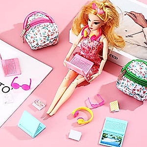 20 Pieces Doll Backpack Set Dollhouse School Accessories Doll Travel Supplies Include Mini Laptop Scene Simulation Backpack Bag with Zipper Mini Headsets Toy Sunglasses Book for 1/12 1/6 Scale