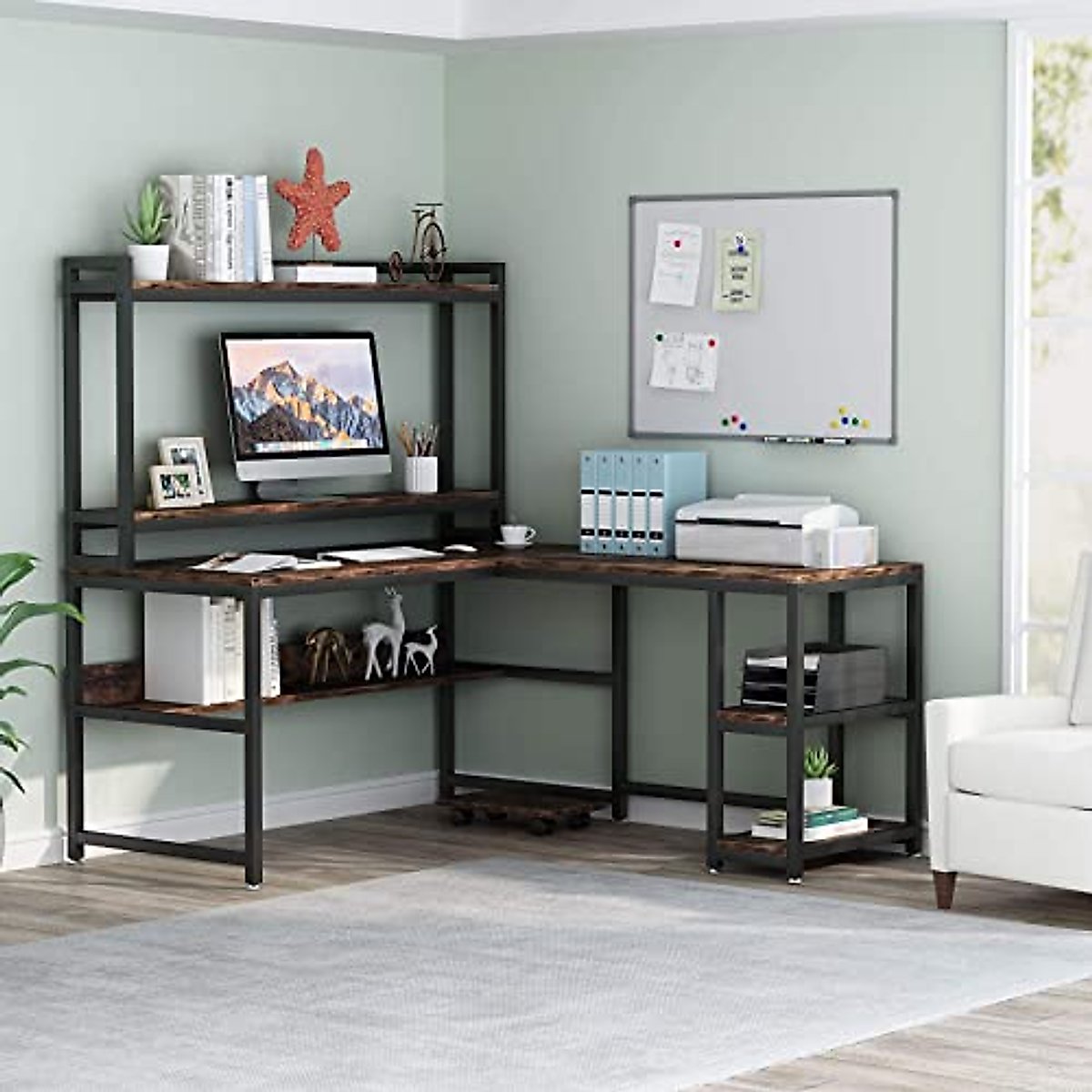 Tribesigns L-Shaped Desk with Hutch and Storage Shelves, 59 Inch Corner Computer Office Desk Gaming Table Workstation with Bookshelf and Monitor Stand for Home Office (Rustic Brown)