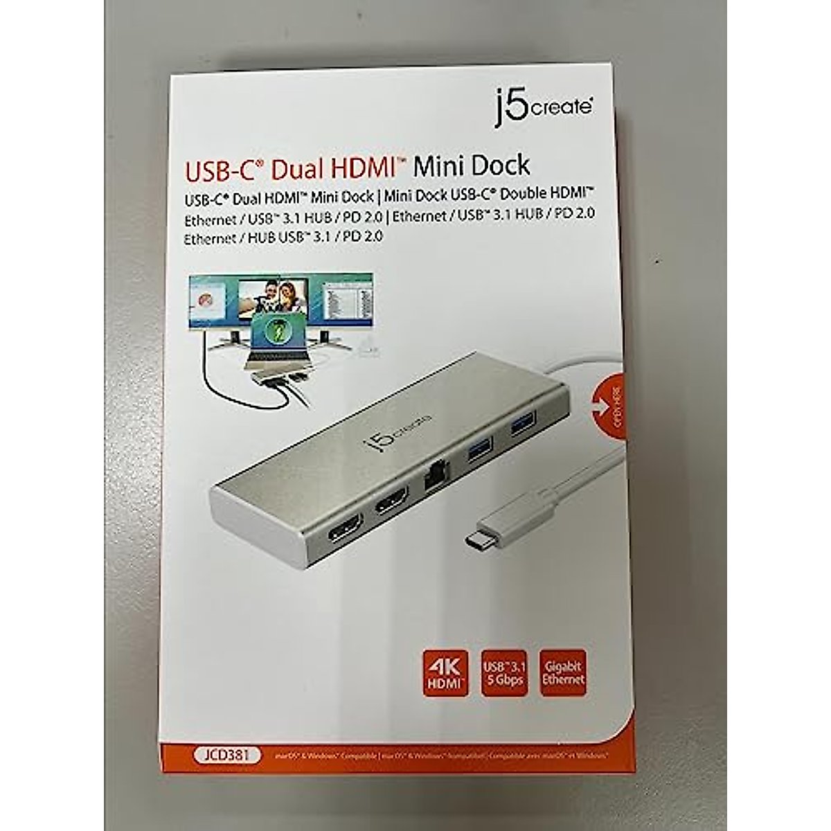 j5create USB-C Mini Dock- Type C Hub with 2X HDMI, 2X USB 3.0, Ethernet, Power Delivery 2.0 (JCD381)