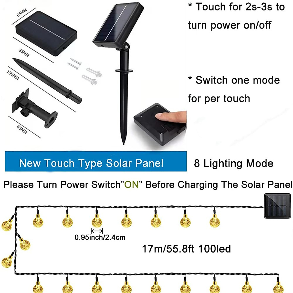 AicooFest Solar String Lights Outdoor Indoor Garden 100 LED 55.8ft Solar USB Powered Waterproof Hanging Crystal Ball Decorative Light for Home, Patio, Party, Outside, Christmas Warm White