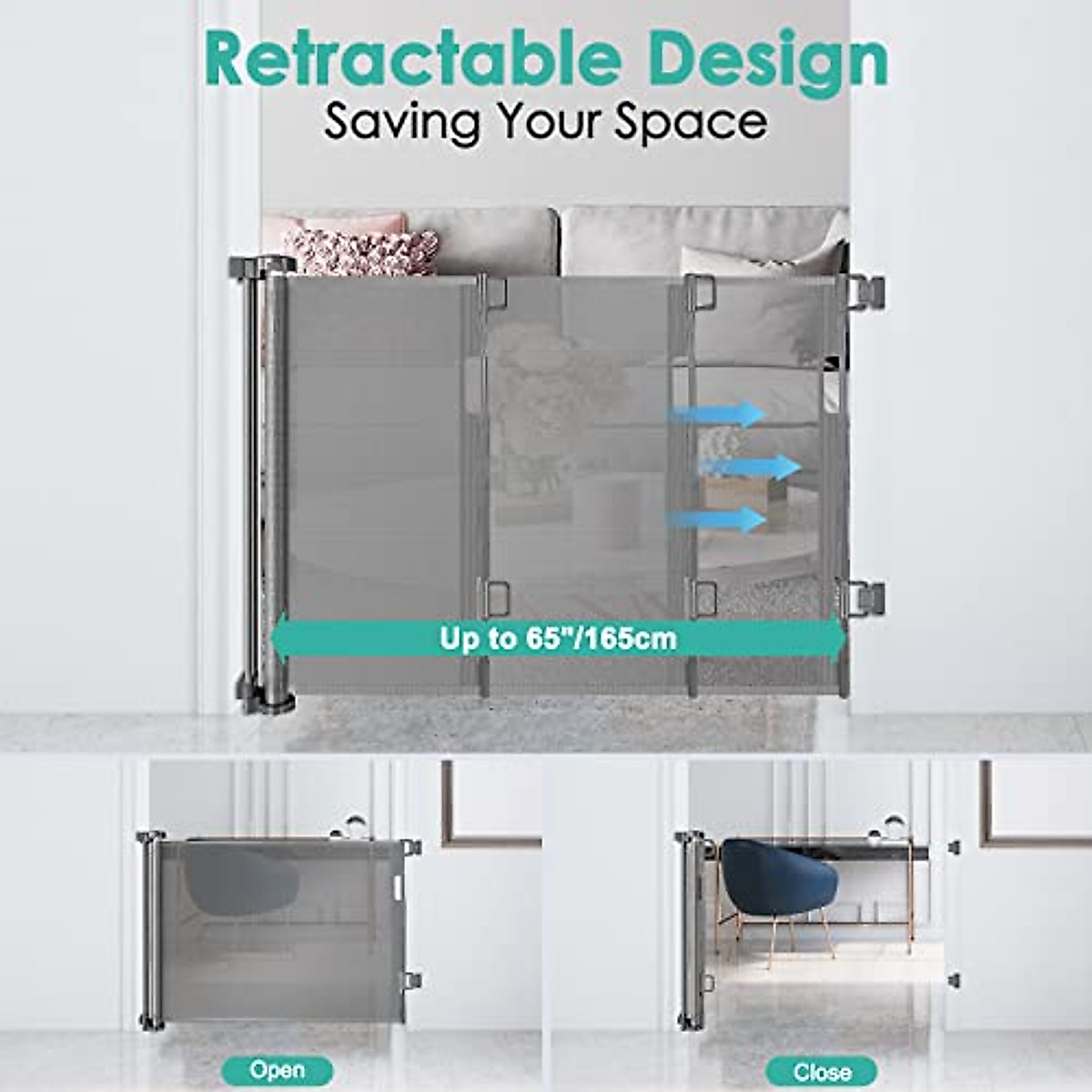 Retractable Baby Gate 65" Dog Gate Mesh Safety Pet Gate Indoor Outdoor Child Safety Baby Gates for Stairs, Doorways, Hallways