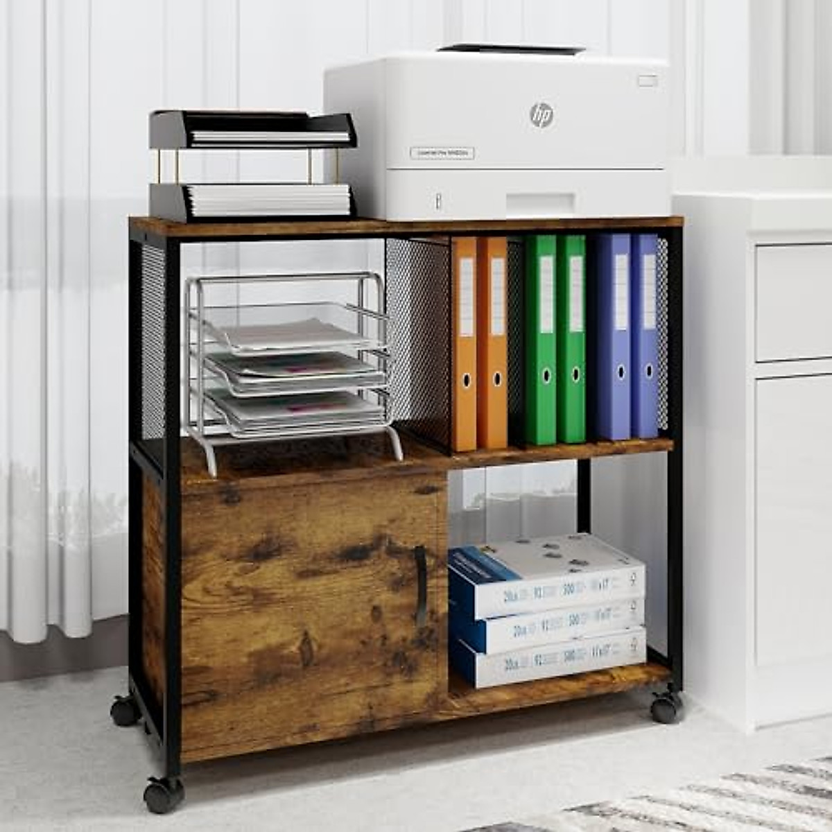 PUNCIA Mobile Wood Lateral File Archive Folder Cabinets with 3 Compartments Rack for Binder Storage Rolling Filing Printer Cabinet with Wheels and Open Storage Shelves for Home Office