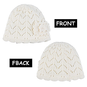 Bamery Winter Little Girls' Beanie Hat Cute Toddler Girl Knitted Hat Cotton Warm Hats for Under 6 Years (Rectangular Flower White, S/0-6m)