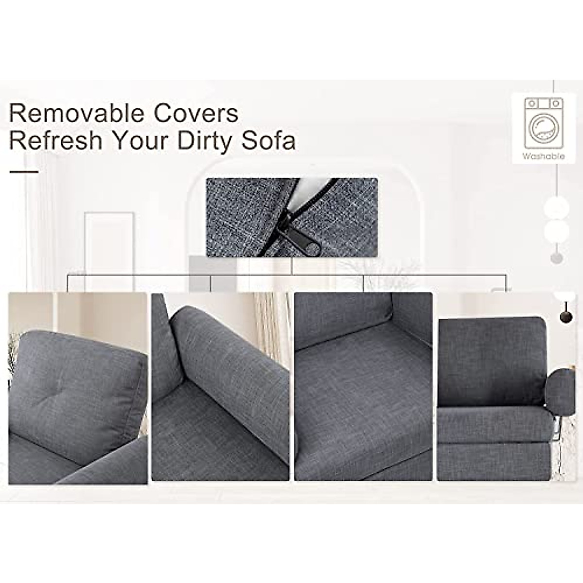 HOMERILLA Sectional Sofa, Modular Sofa, Modern Loveseat Living Room Seater Sofa with Armrest, Sleeper Bed Couch, Easy to Clean Sofa, L-Shape Sofa, 3-Seat Sofa, Dark Grey