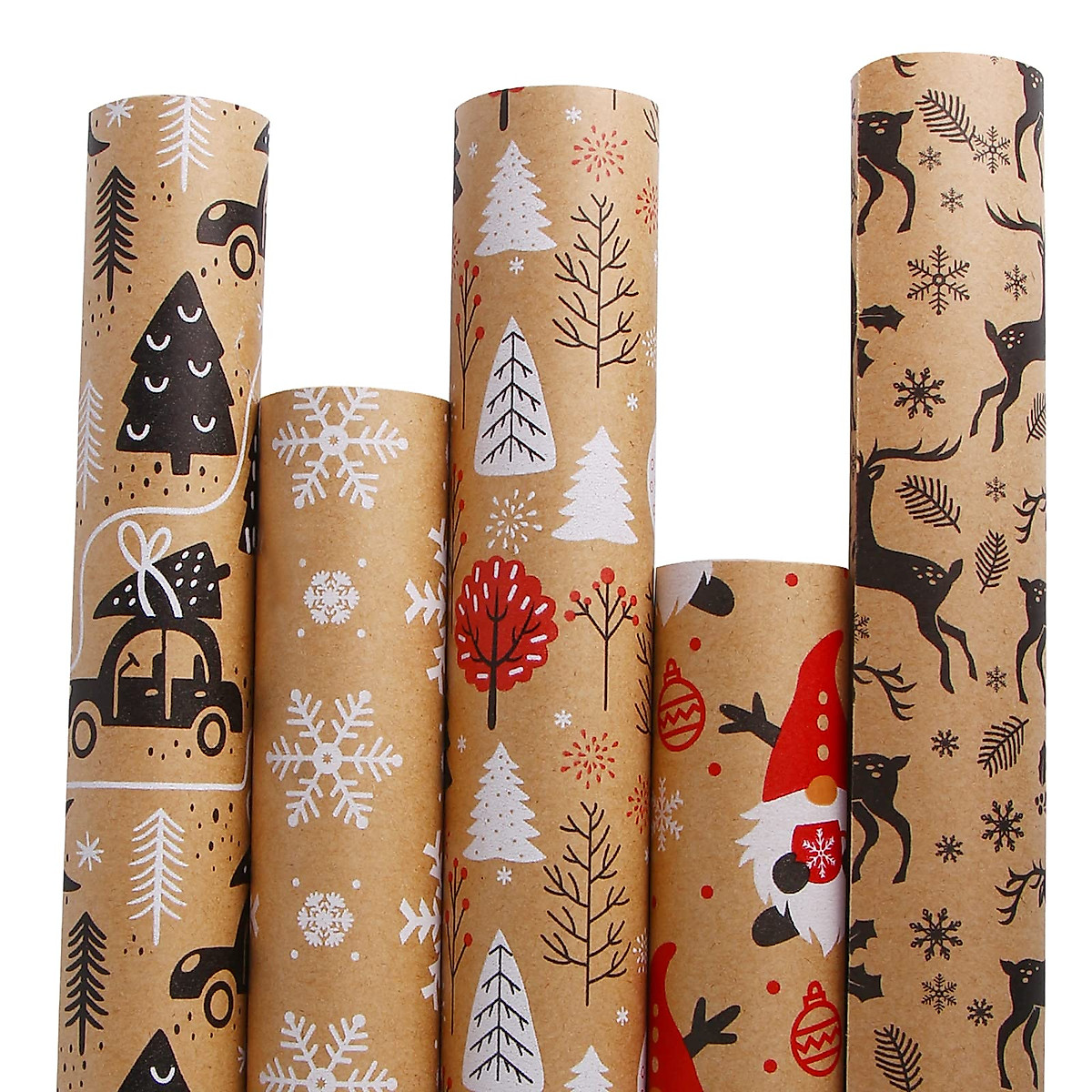 KIMOBER 5 Rolls Christmas Wrapping Paper,Brown Kraft Paper with Xmas Elements and Cut Lines on Reverse(17in × 118in Per Roll)