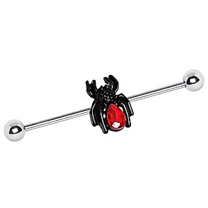 Amelia Fashion 14 Gauge Black Spider With Red CZ Industrial Barbell Cartilage 316L Surgical Stainelss Steel (Steel & Red CZ Spider)