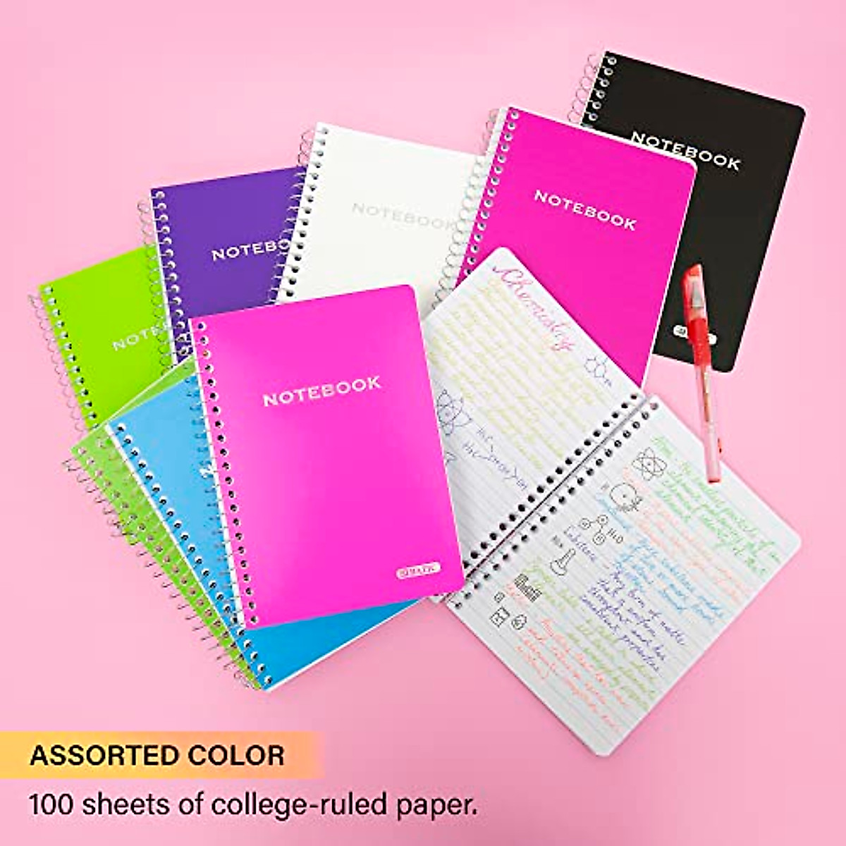 BAZIC Composition Book 100 Sheet 5" x 7" Poly Cover Spiral Notebook, Writing Journal College Ruled Notebooks, Assorted Color, 6-Pack