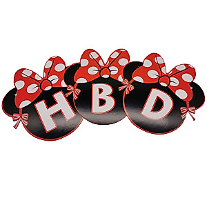 CHuangQi Minnie Themed Party Banner, Happy Birthday Letter Banner, Red Bow with Polka Dots Card, 1st Birthday Party Supplies & Decoration