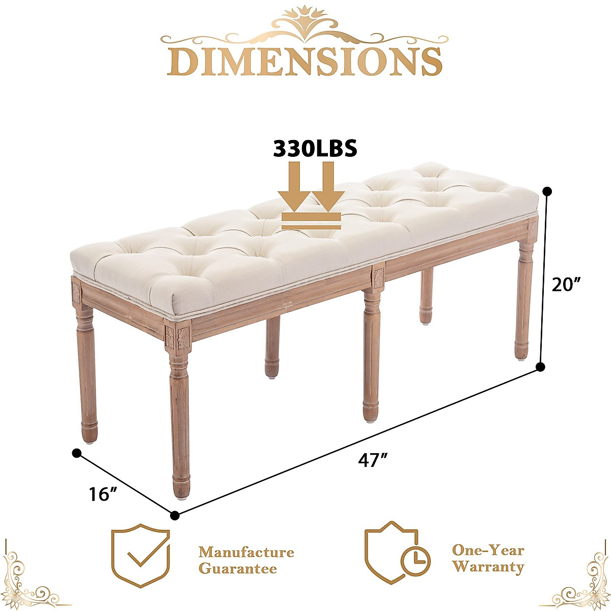 Bonzy Home Tufted Extra-Long Entryway Bench, 47” French Vintage Bedroom Benches Upholstered Dining Benches, Fabric End of Bed Bench for Bedroom Dining Room Living Room Entryway, Beige