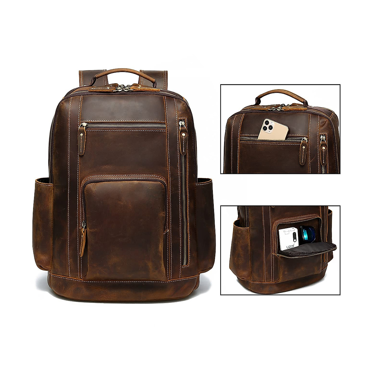 LANNSYNE Men's Vintage Full Grain Leather Backpack for 16" Laptop Travel Hiking Camping Rucksack