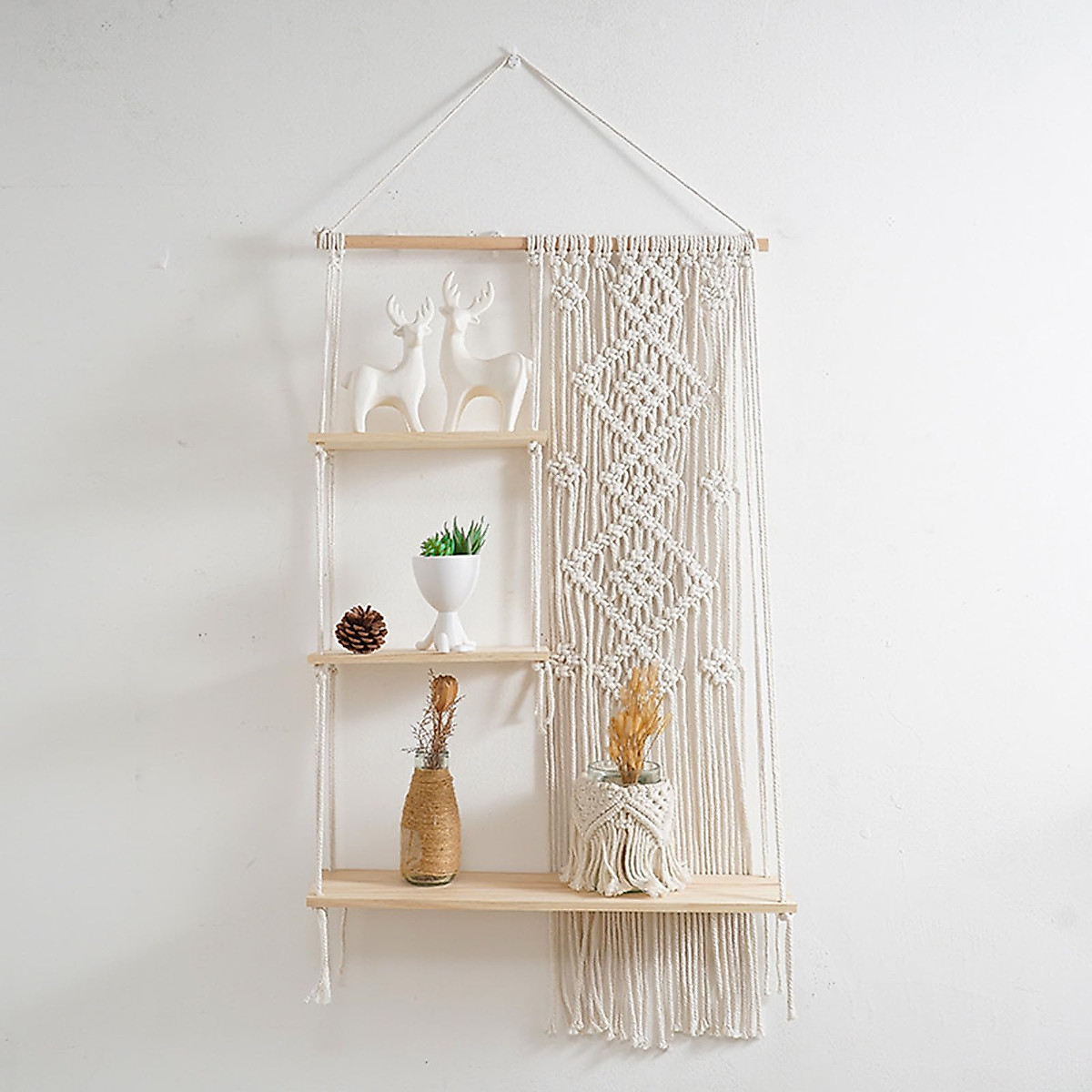 MIATTCLD Macrame Wall Hanging Shelf Boho Wood Floating Storage Shelf, 3 Tier Display Shelving for Hanging Plants Photos, Rustic Wall Decor with Tassel and Woven Rope for Home Bedroom Living Room